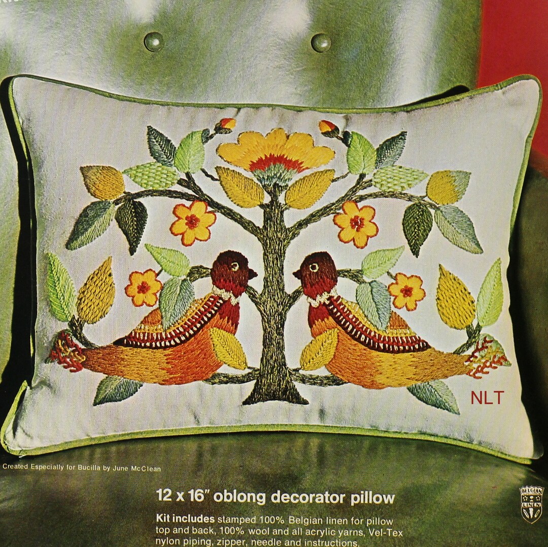 LOVE BIRDS Vintage Crewel Embroidery Kit Jacobean Tree Oblong Pillow Boho Cottage Core - Etsy