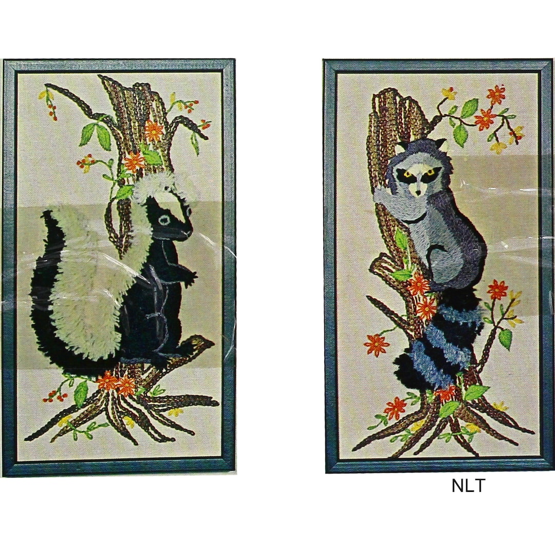 FURRY FRIENDS Vintage Crewel Embroidery Kit Skunk Raccoon Cottage Core ...