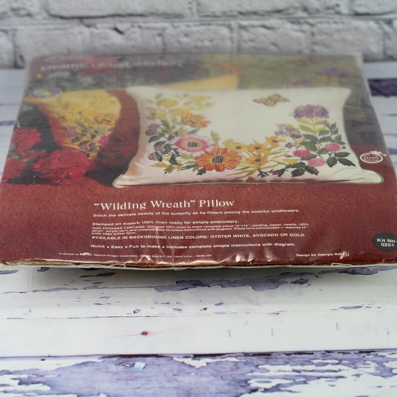 Vintage Crewel Embroidery Pillow Kit Wildflowers Butterfly Wreath ...