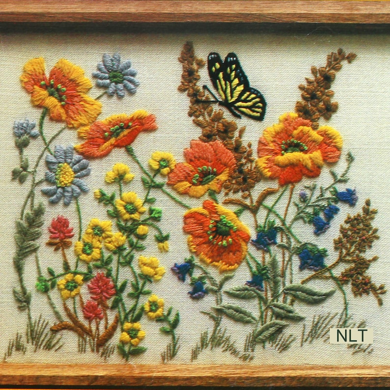 Vintage Crewel Embroidery Kit Garden Monarch Butterfly Sunshine Flowers ...