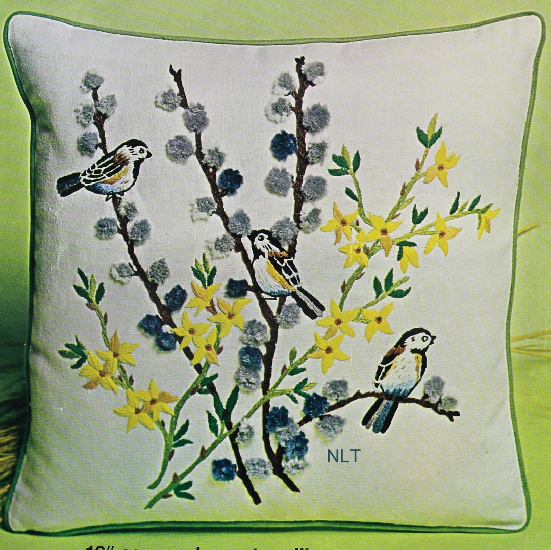 SPRING IS HERE Vintage Crewel Embroidery Kit Pillow Birds Cottage Core ...