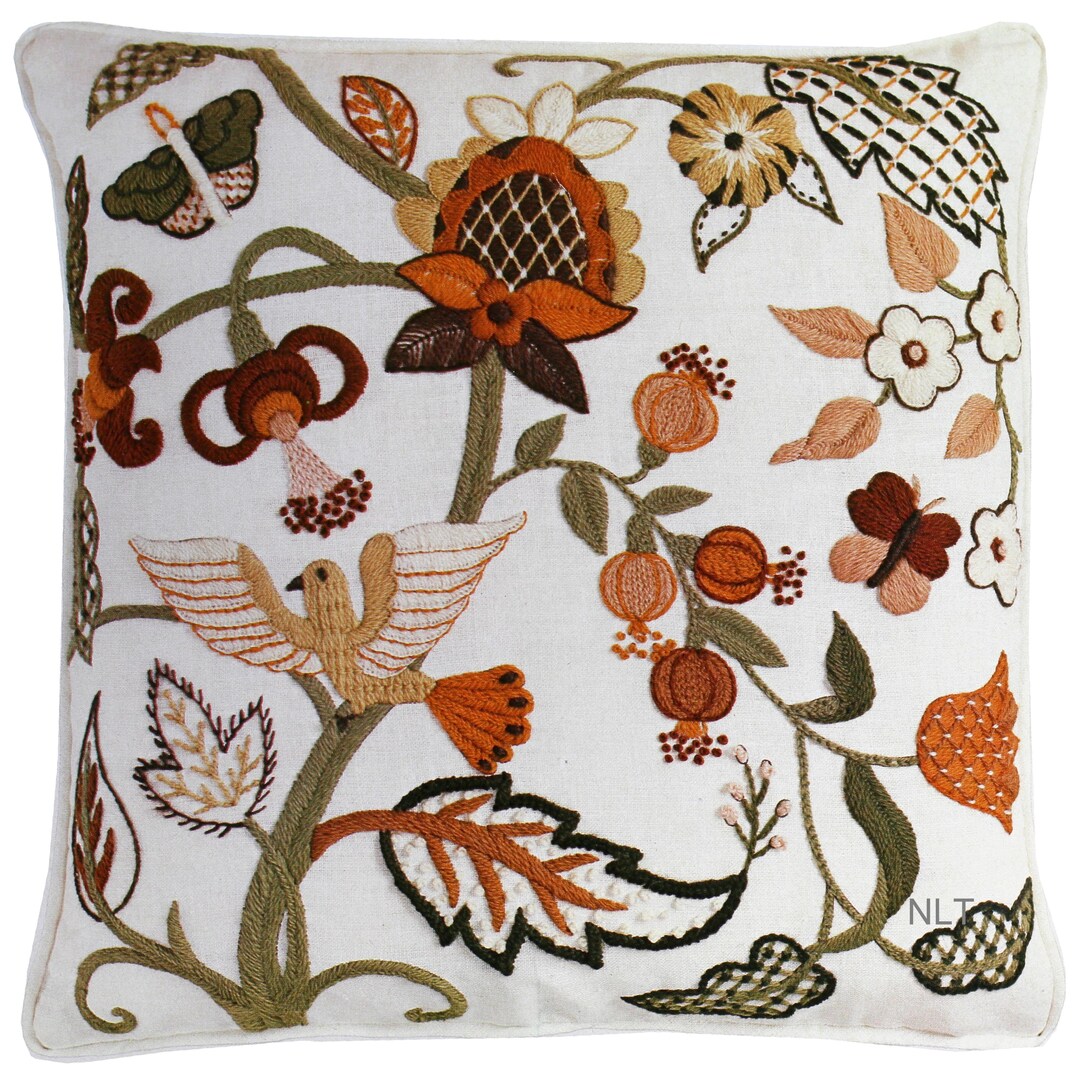 BROWN JACOBEAN Erica Wilson Vintage Crewel Embroidery Kit Pillow Bird ...