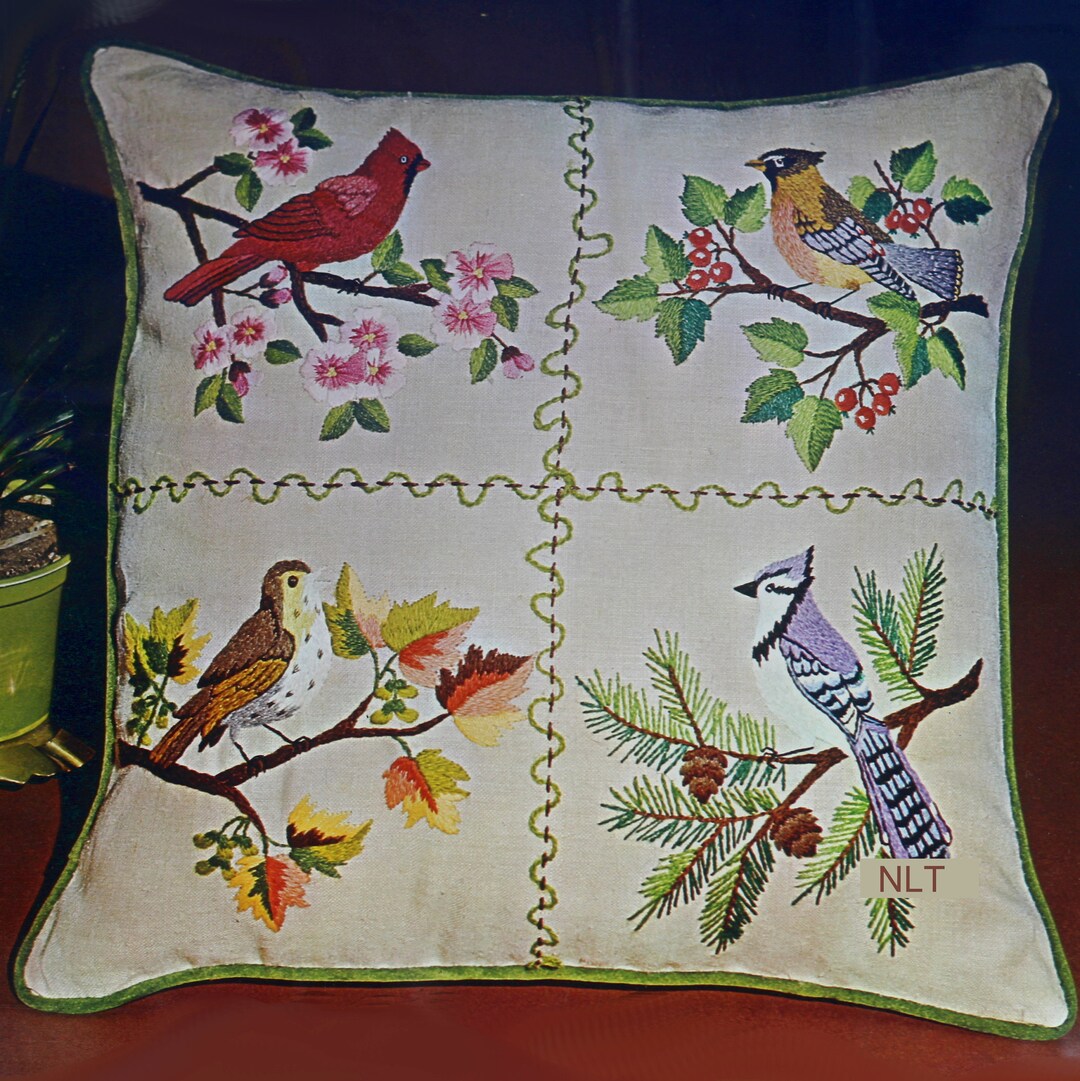 BIRD QUARTET Vintage Crewel Embroidery Kit Pillow Cottage Core Birds ...