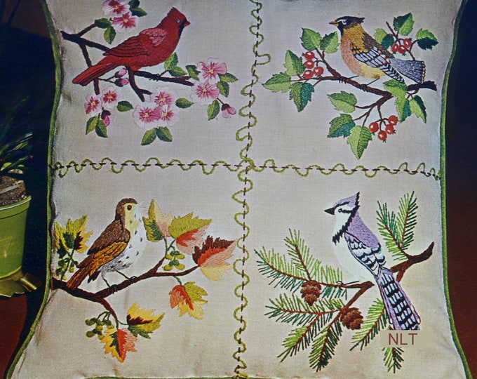 BIRD QUARTET Vintage Crewel Embroidery Kit Pillow Cottage Core Birds ...