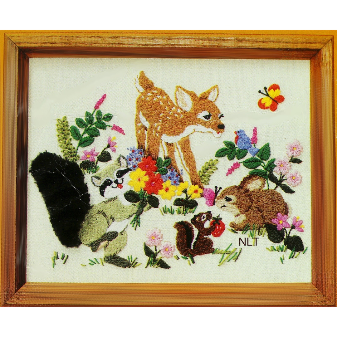 FOREST FRIENDS Vintage Crewel Embroidery Kit Woodland Animals Cottage ...