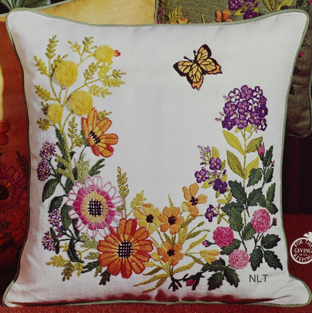Vintage Crewel Embroidery Pillow Kit Wildflowers Butterfly Wreath ...