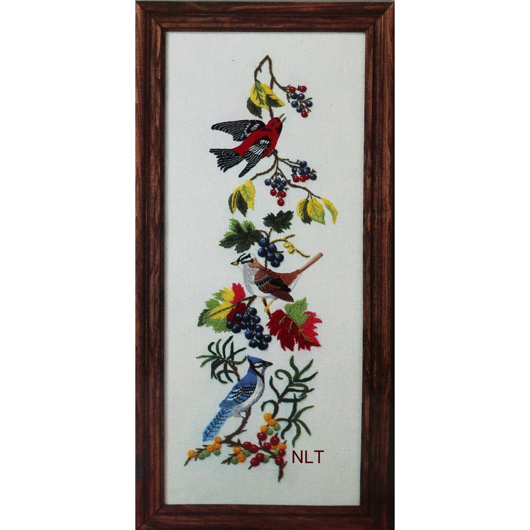 BIRD PANEL Vintage Crewel Embroidery Kit Eleanor Engel Birds Blue Jay ...