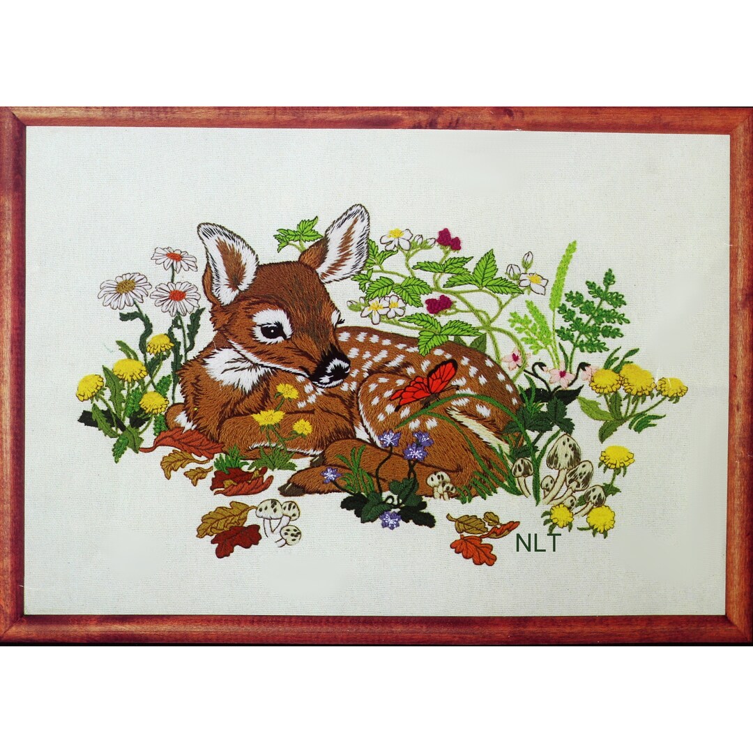 FAWN Vintage Crewel Embroidery Kit Woodland Mushrooms Butterfly Cottage ...