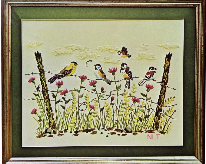 MEADOW BIRDS Vintage Crewel Embroidery Kit Fence Flowers Cottage Core ...