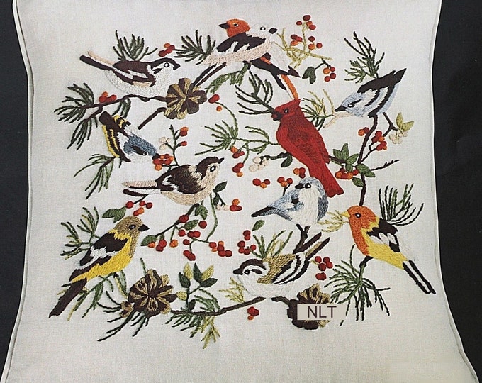 AMERICAN BIRDS Vintage Crewel Embroidery Kit Pillow Cardinals Winter ...