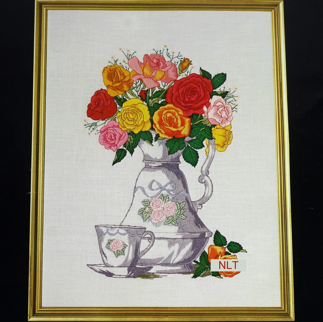 Vintage Crewel Embroidery Kit Roses Floral Flowers China Vase Pitcher ...