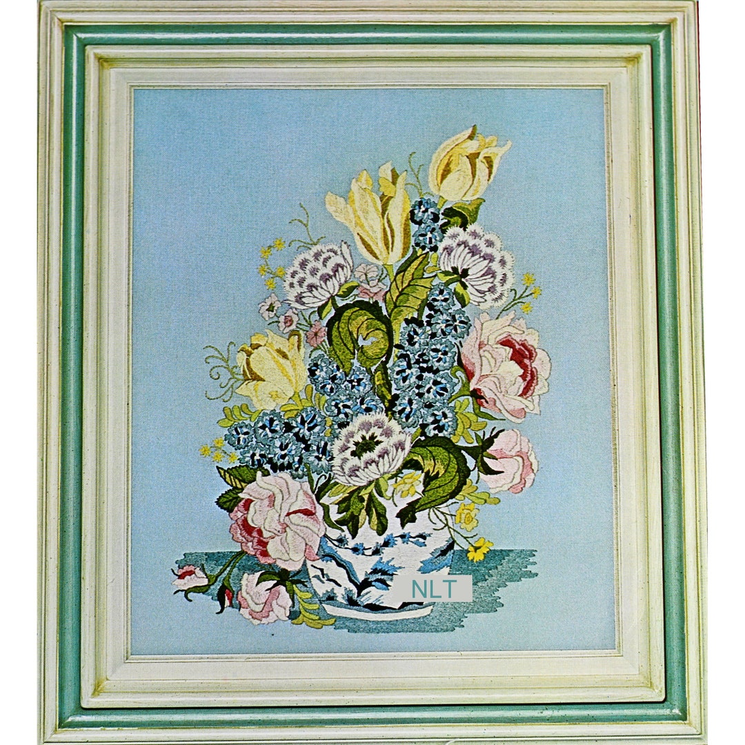 PASTEL STILL LIFE Vintage Crewel Embroidery Kit Floral Vase Tulips ...