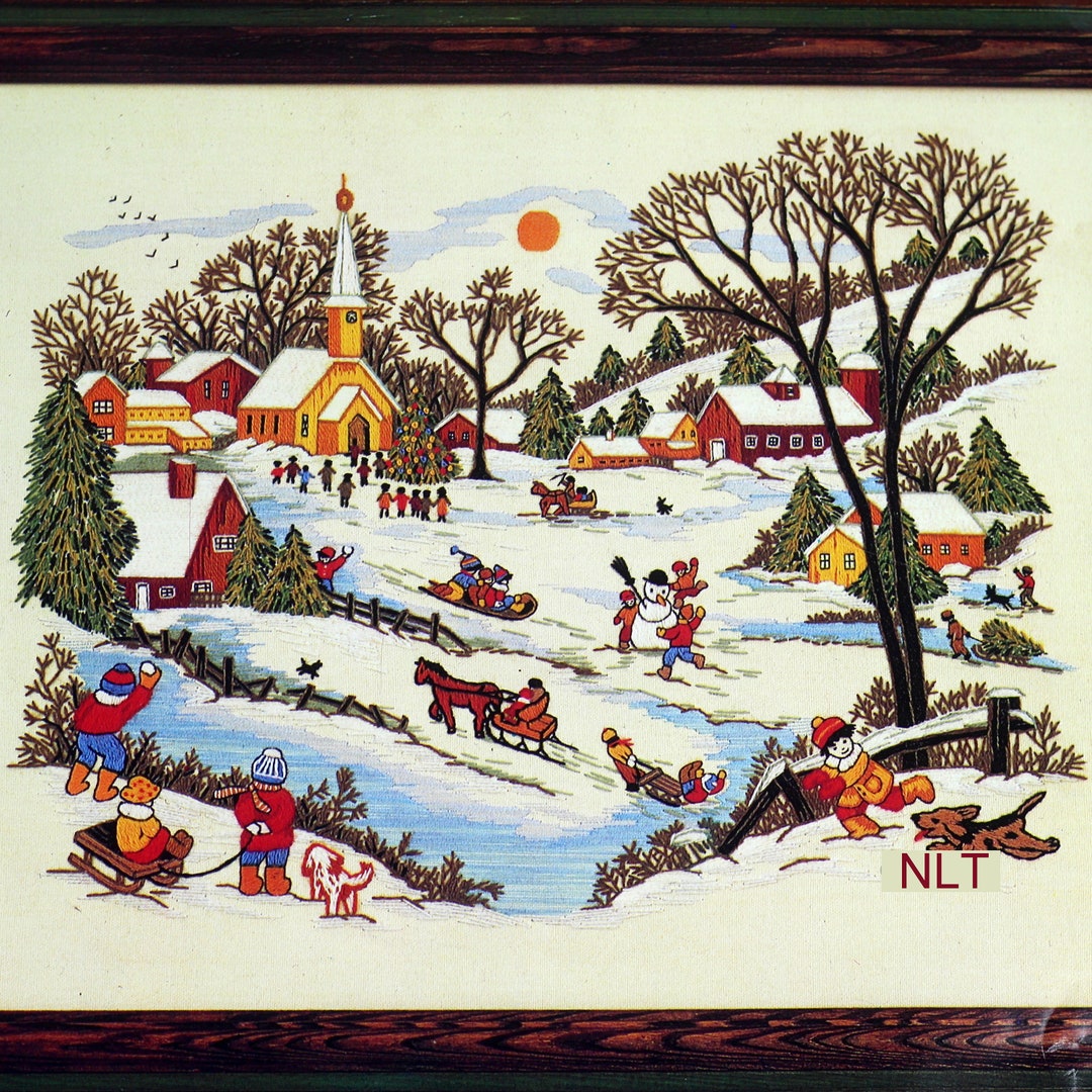 Vintage Crewel Embroidery Kit Winter Snowman Sleds Church Adele Veres ...