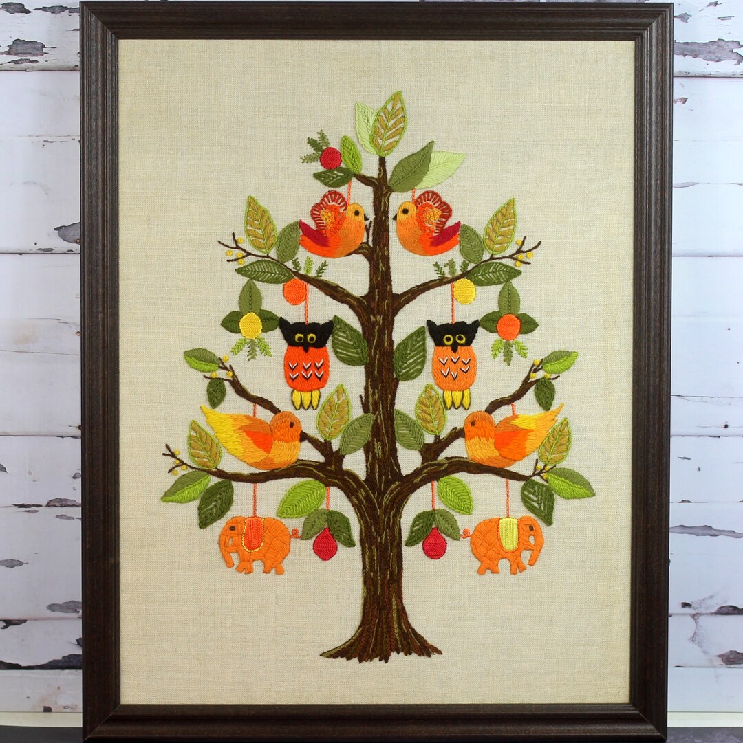 DREAM TREE Crewel Embroidery Birds Owls Elephants Handmade - Etsy