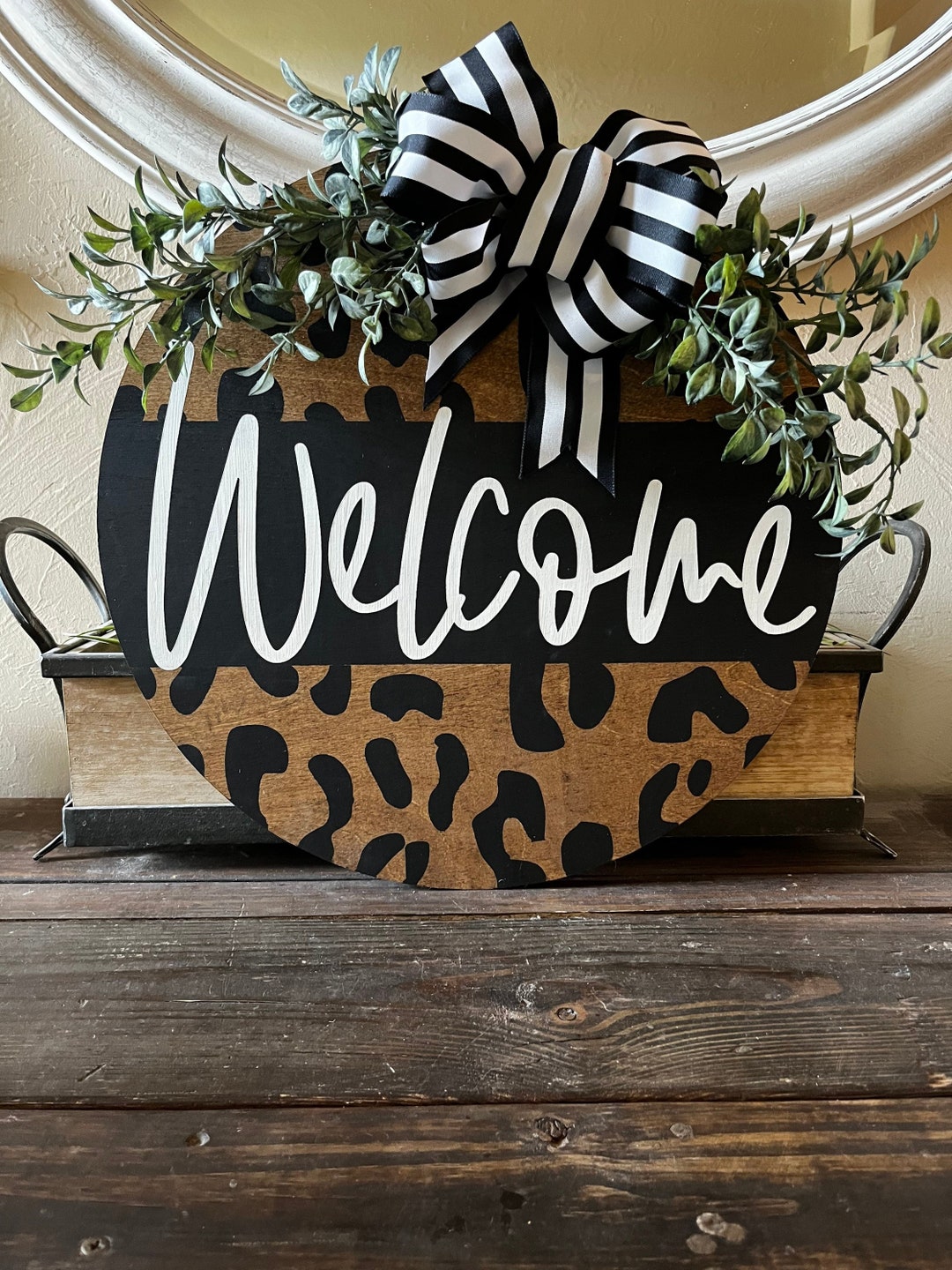 Round Painted Leopard Welcome Wooden Sign || Front Porch Wood Sign ...