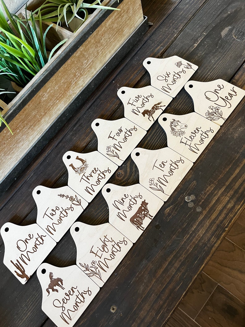Cow Ear Tag Baby Milestone Wooden Cards Baby Name | Etsy
