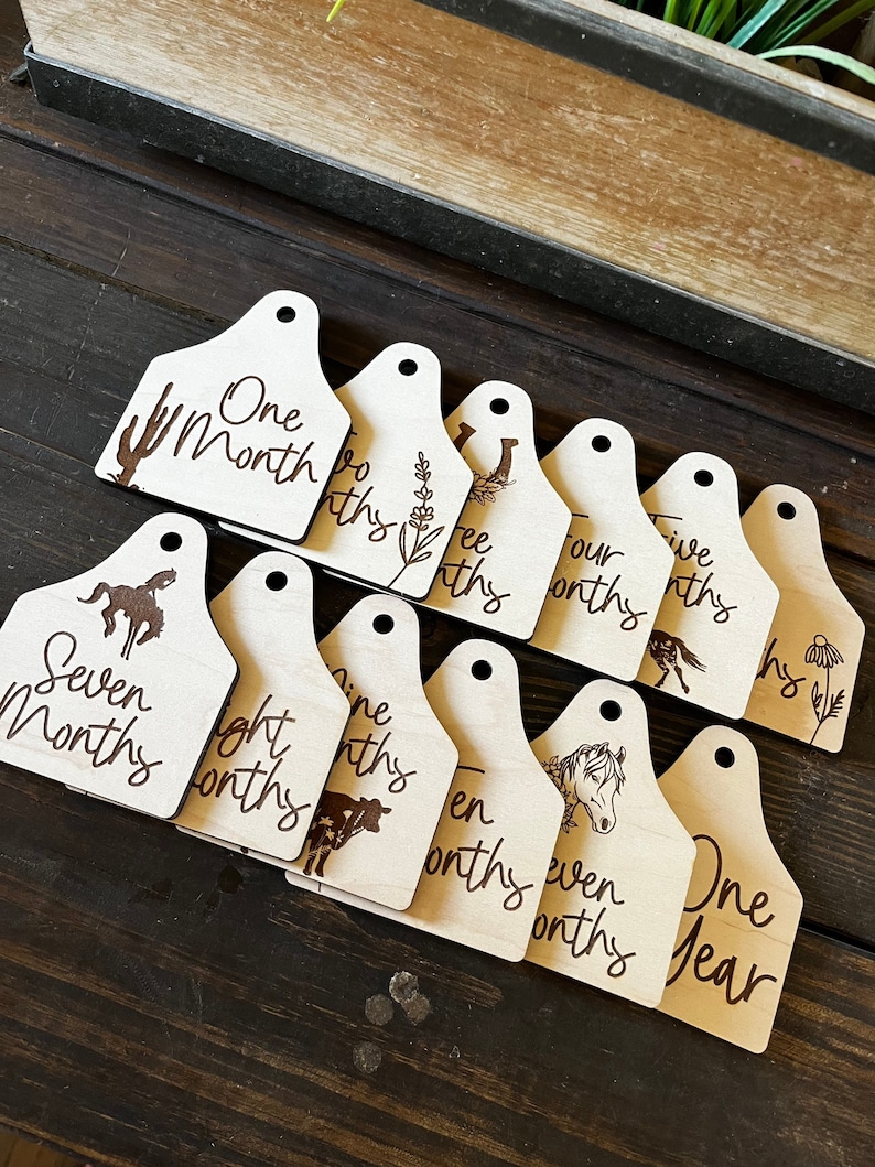 Cow Ear Tag Baby Milestone Wooden Cards Baby Name - Etsy