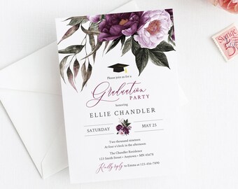 Purple Floral Editable Graduation Party Invitation Printable | Etsy