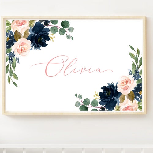Navy Blush Gold Floral Monogram Nursery Art Printable Pink - Etsy