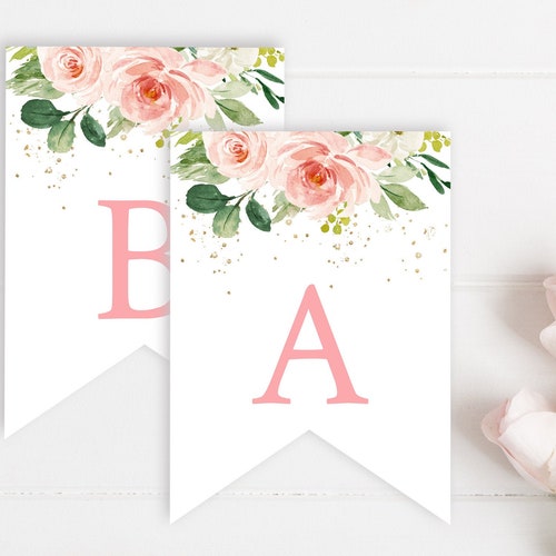 Pink Gold Floral Editable Bunting Blush DIY Banner Template - Etsy