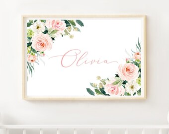 Blush Pink Floral Baby Name Printable Nursery Art Pink | Etsy