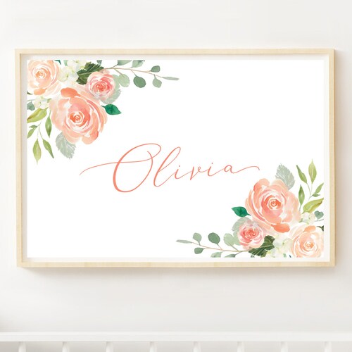 Peach Coral Floral Baby Name Printable Nursery Art Pink Green - Etsy