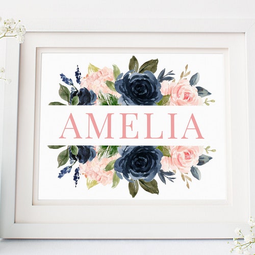 Floral Girl Nursery Wall Art Watercolor Pink Coral Blush Navy - Etsy
