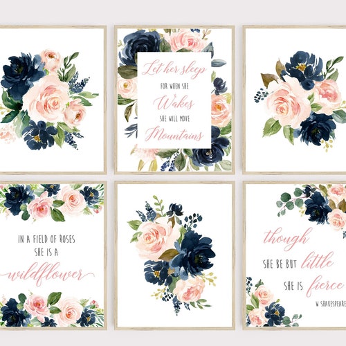 Floral Girl Nursery Wall Art Watercolor Pink Coral Blush Navy - Etsy