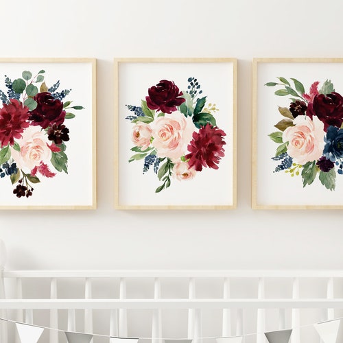 Navy Blush Gold Floral Monogram Nursery Art Printable Pink - Etsy