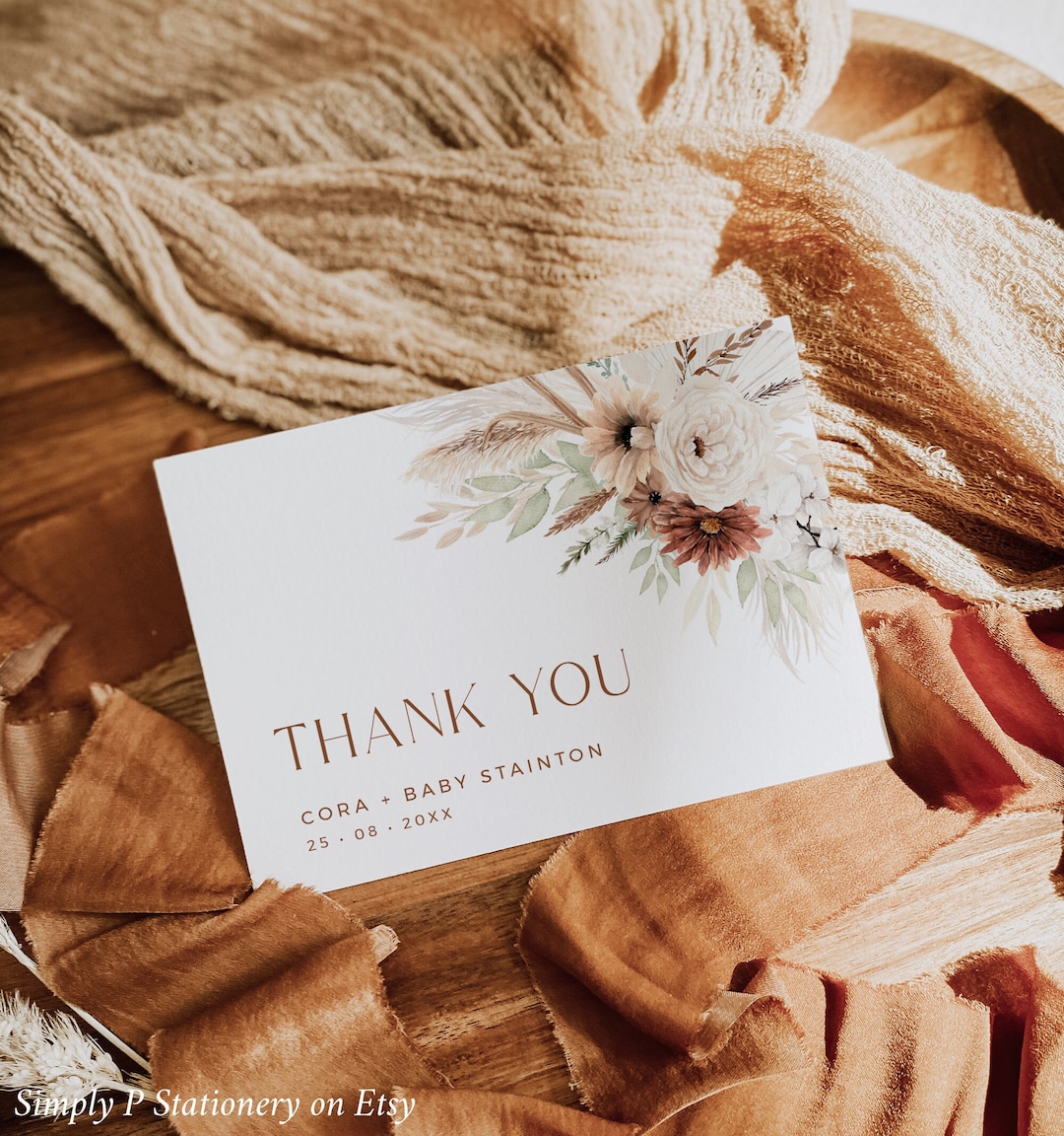 Boho Thank You Card, Terracotta Baby Shower Thank You, Pampas Grass ...