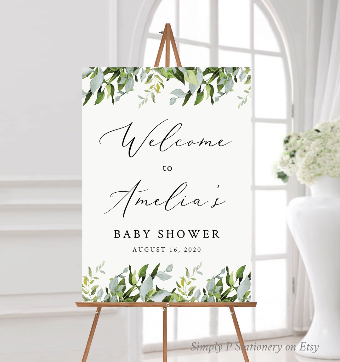 Botanical Editable Welcome Sign, Greenery Baby Shower Sign Template ...