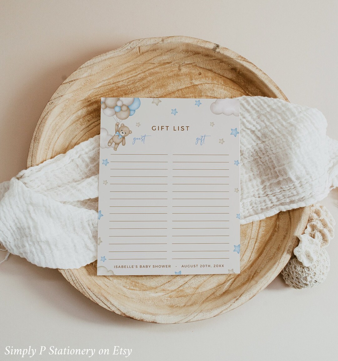 Blue We Can Bearly Wait Gift List Template, Teddy Bear Baby Shower Gift ...