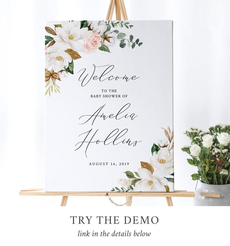 Magnolia Editable Welcome Sign White Floral Cotton Baby - Etsy