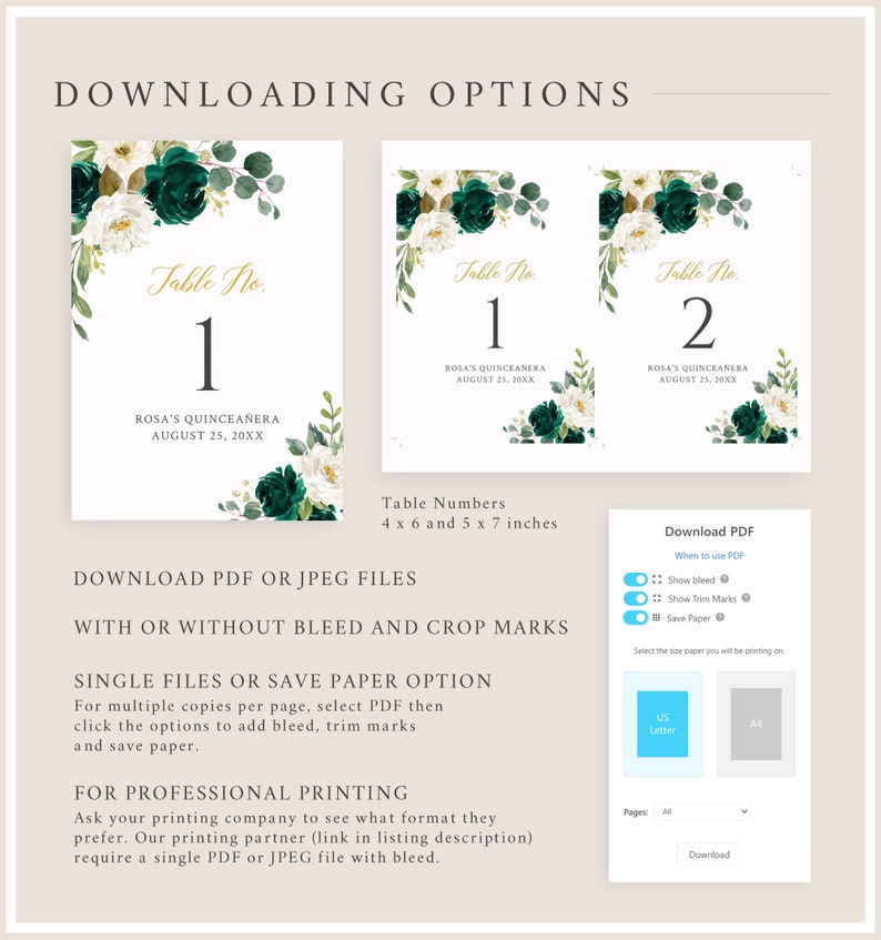 Quinceanera Table Numbers, Emerald Gold Quince Table Number Template ...