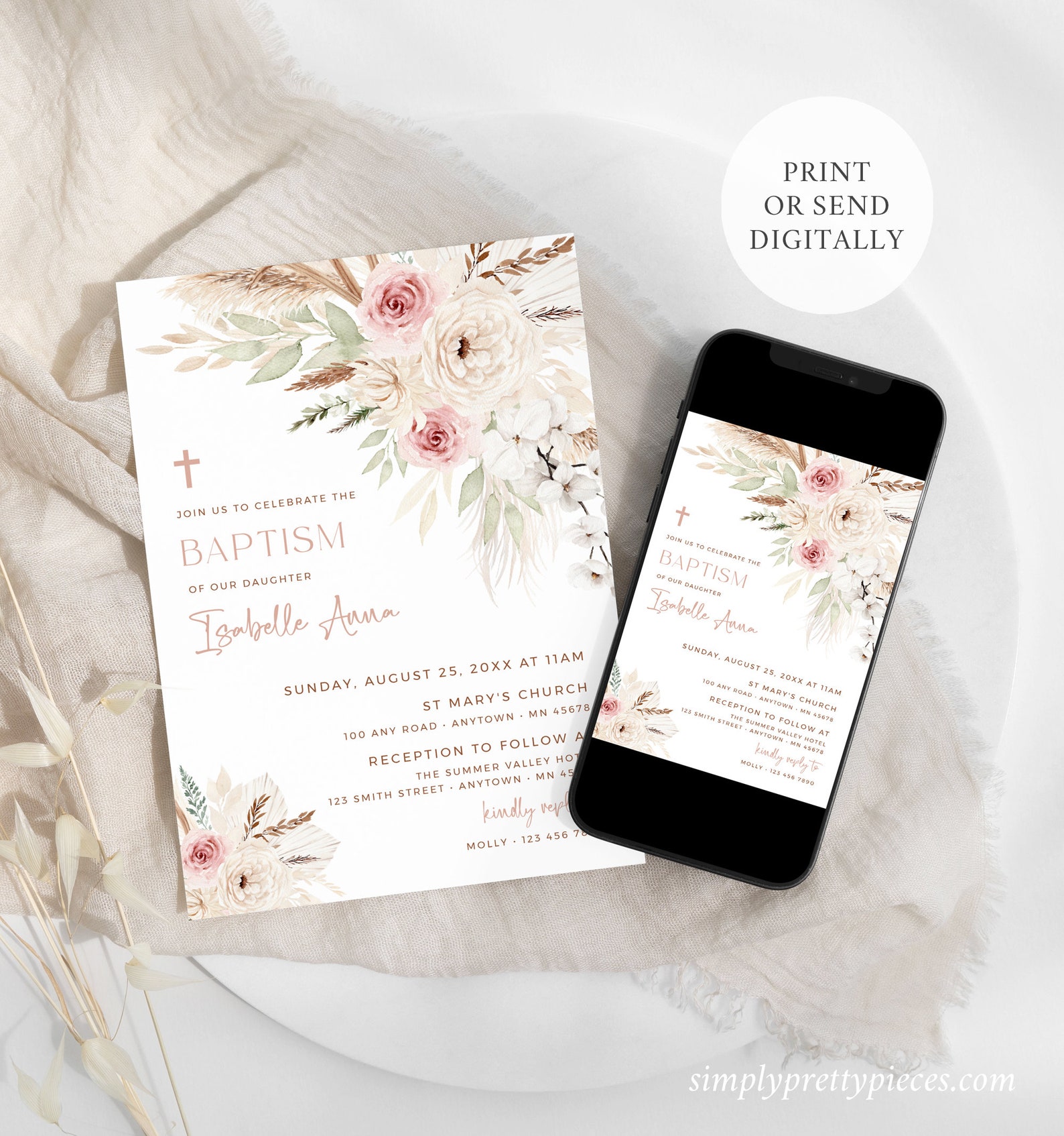 Boho Baptism Invitation Girl, Blush Christening Invite Girl, Printable ...