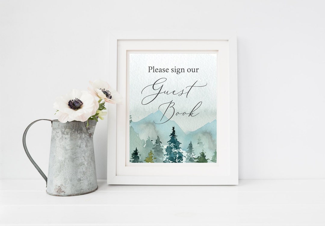 Rustic Woodland Guest Book Sign, Mountain Scene Guest Book Wedding Sign ...
