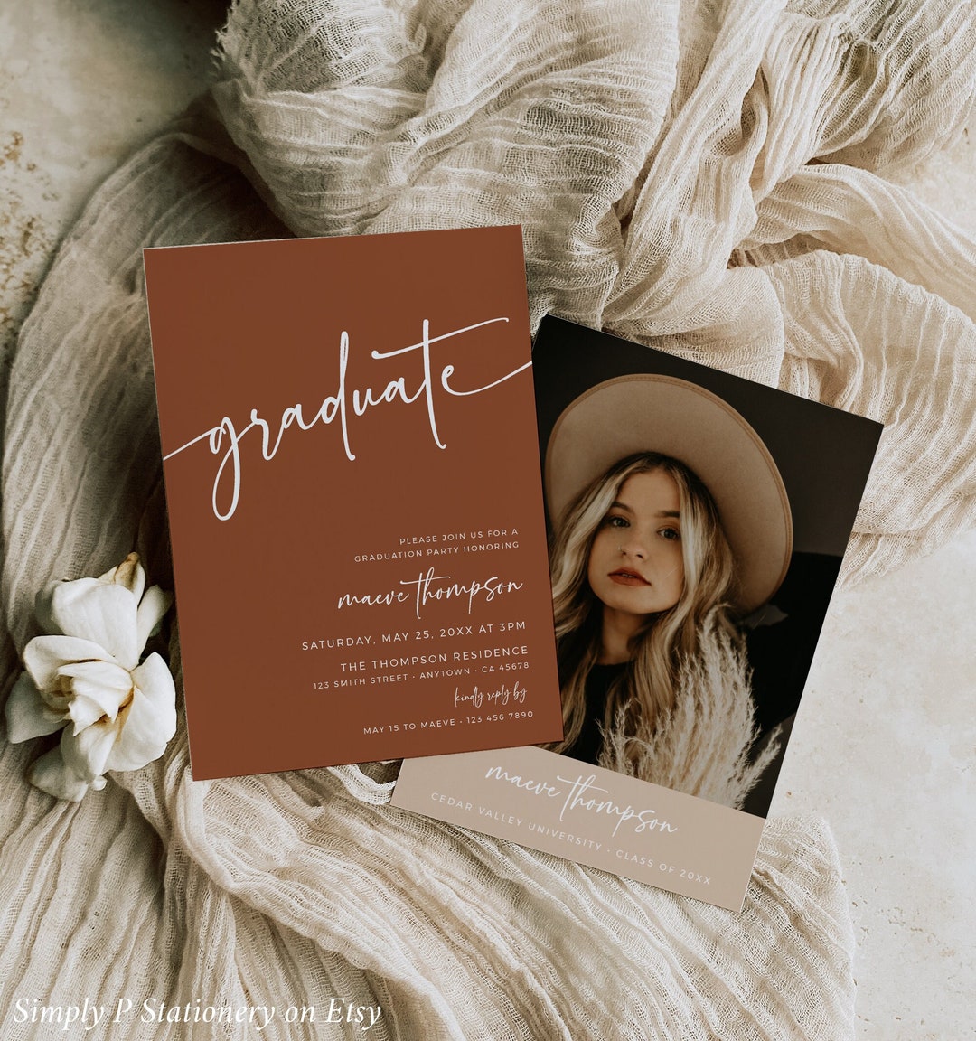 Terracotta Graduation Party Invitation, Boho Graduation Photo Invite ...