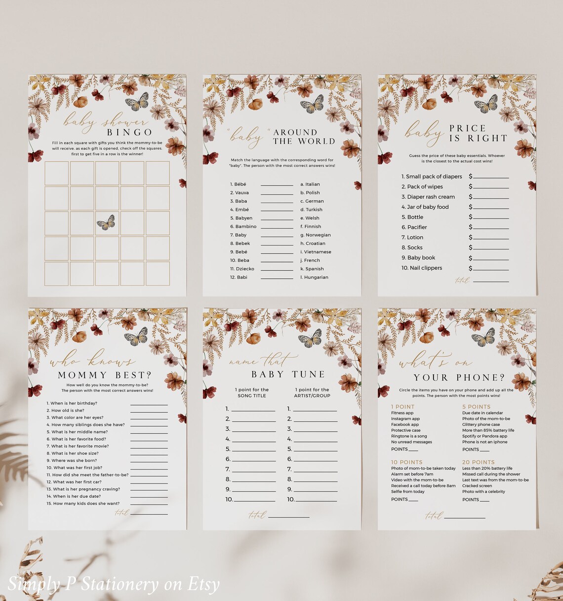 Wildflower Baby Shower Games Girl, Baby Shower Games Bundle Floral ...