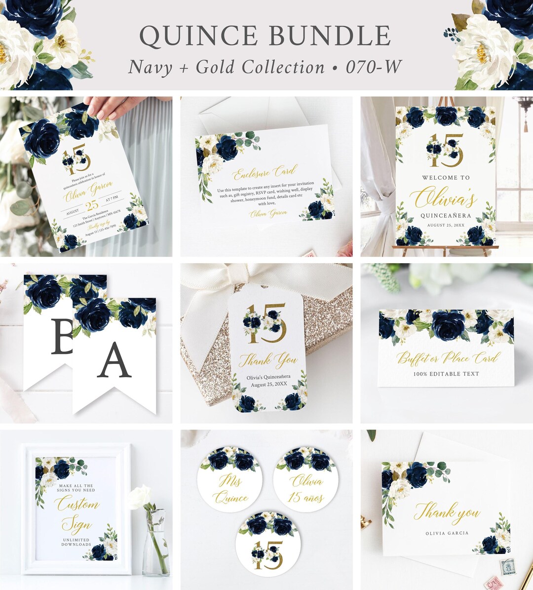 Navy White Gold Editable Quinceañera Bundle, Blue Mis Quince Invitation ...
