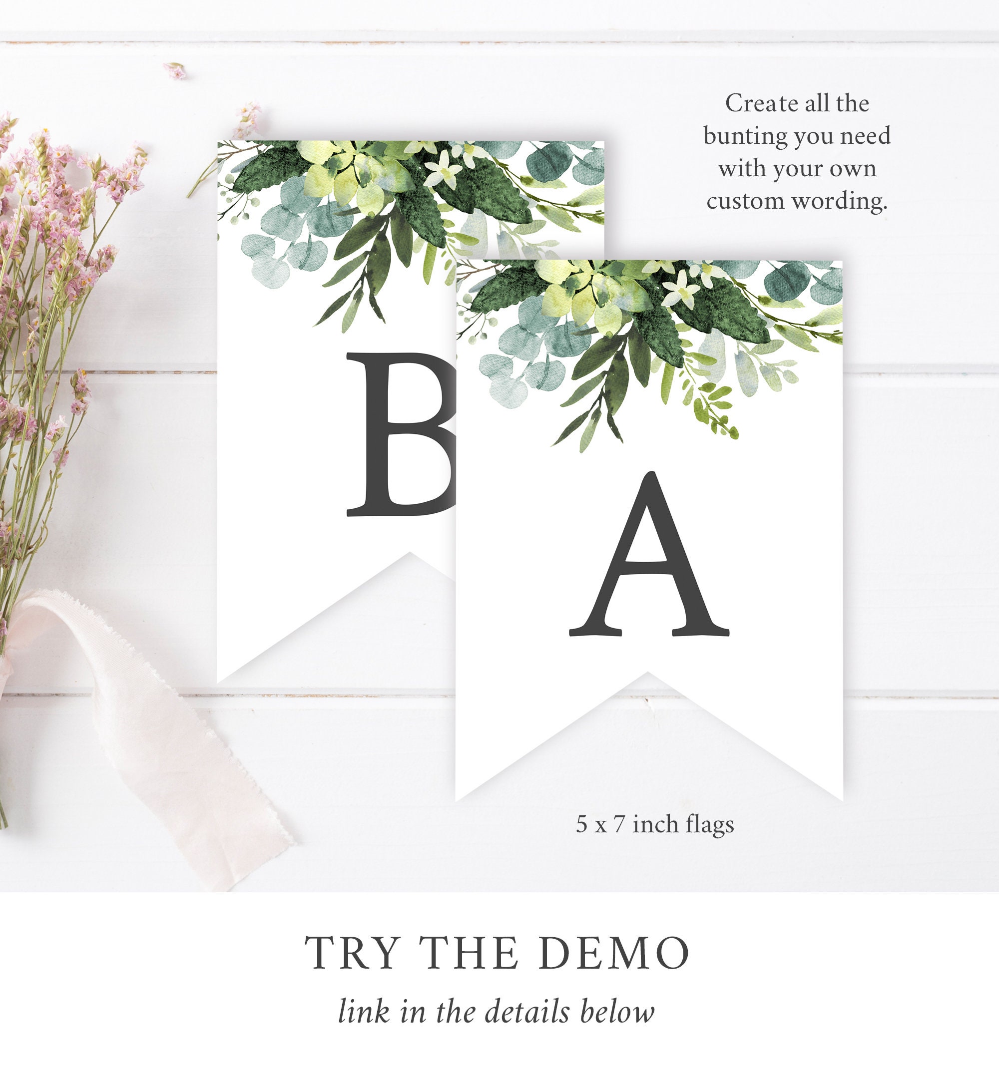 Greenery Editable Bunting, Foliage DIY Banner Template, Botanical ...