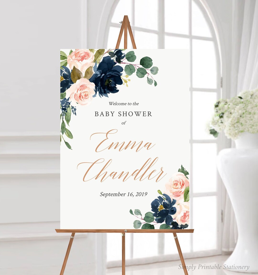 Navy Blush Rose Gold Editable Welcome Sign, Floral Baby Shower Sign ...