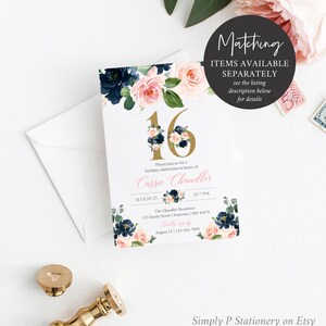 Editable Sweet 16 Tag Navy Blush Gold Floral Favor Tag - Etsy