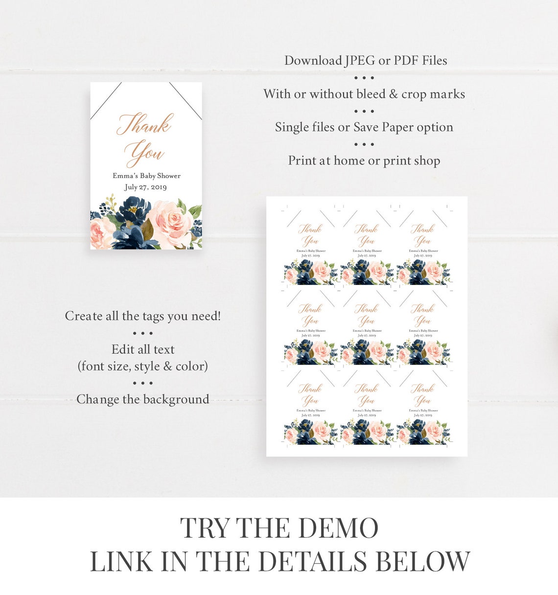 Navy Blush Rose Gold Editable Tag Pink Blue Floral Favor Tag - Etsy