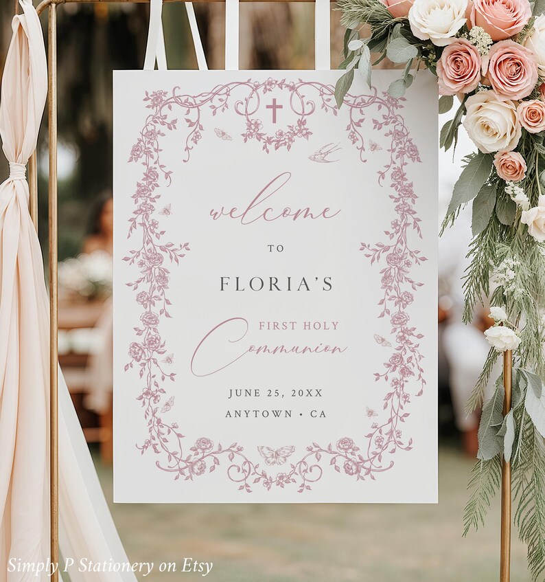 Dusty Pink Toile First Communion Welcome Sign Girl Chinoiserie 1st ...