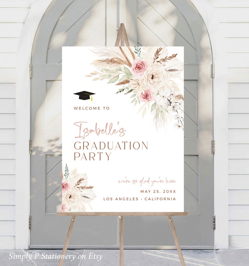 Boho Graduation Welcome Poster Template, Blush Pampas Graduation Party ...