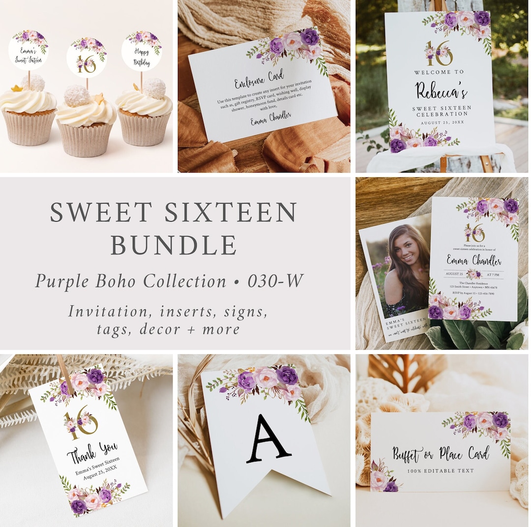 Boho Sweet Sixteen Bundle, Sweet 16 Invitation Set, Sweet 16 Party Pack ...