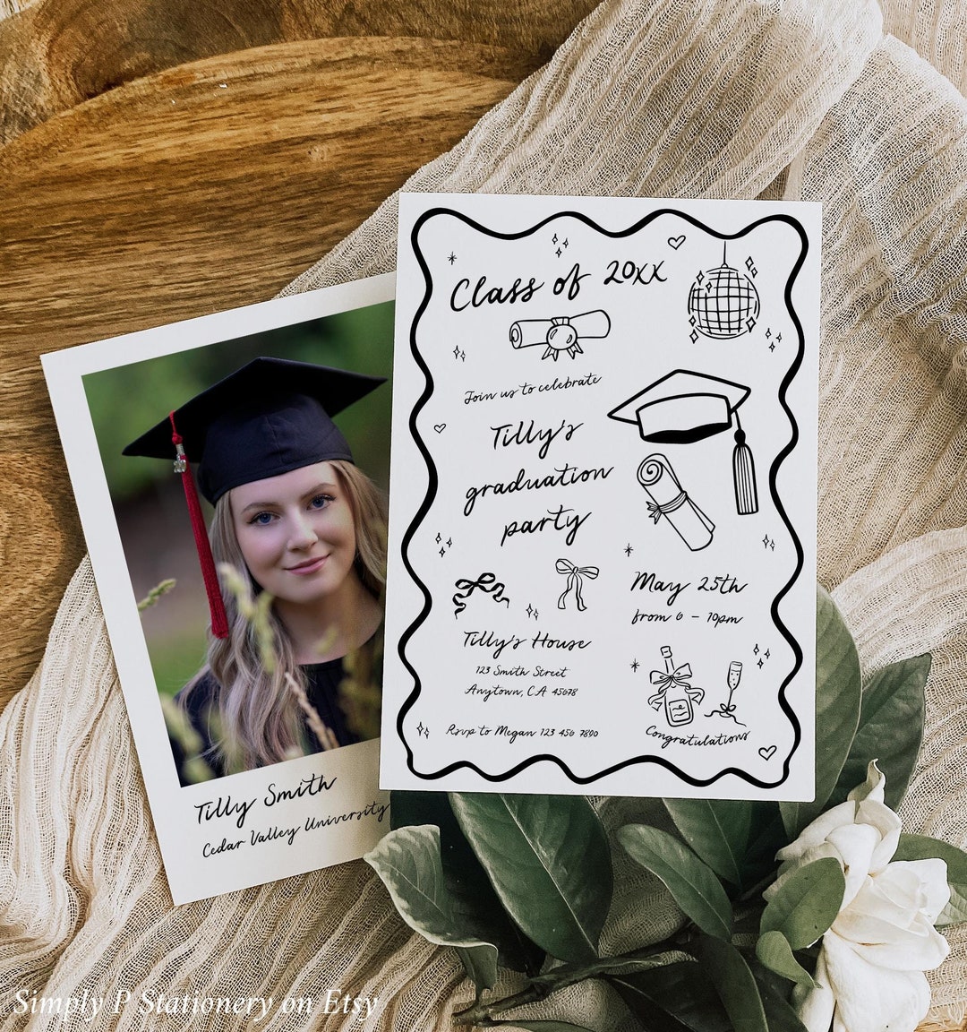 Doodle Graduation Invitation Template, Hand Drawn Graduation Party ...