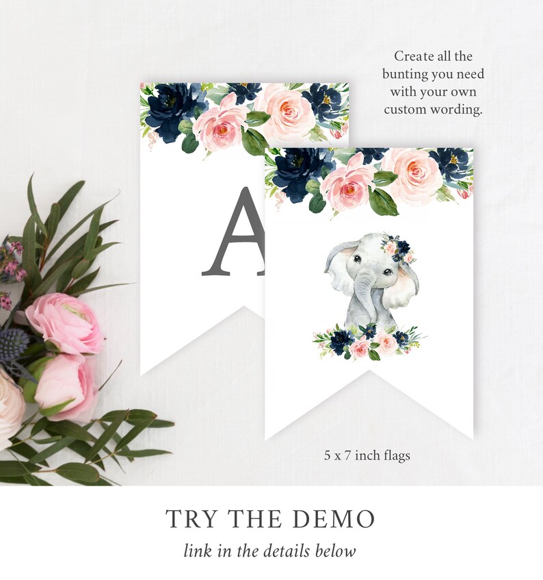 Navy Pink Floral Elephant Editable Bunting Blush DIY Banner - Etsy