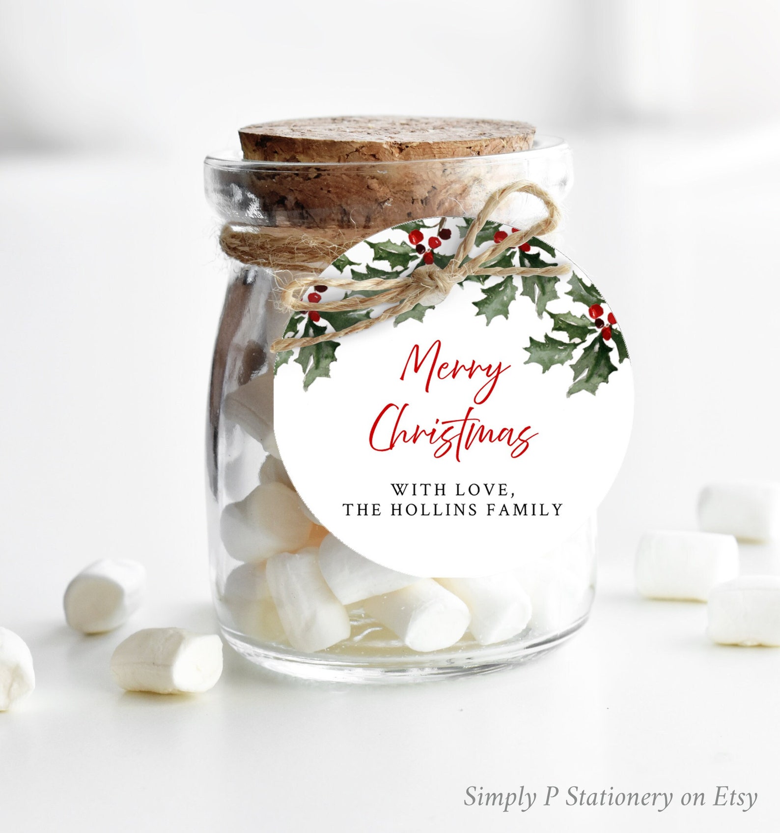 Editable Round Holly Christmas Gift Tag, Printable Holly Holiday Label ...