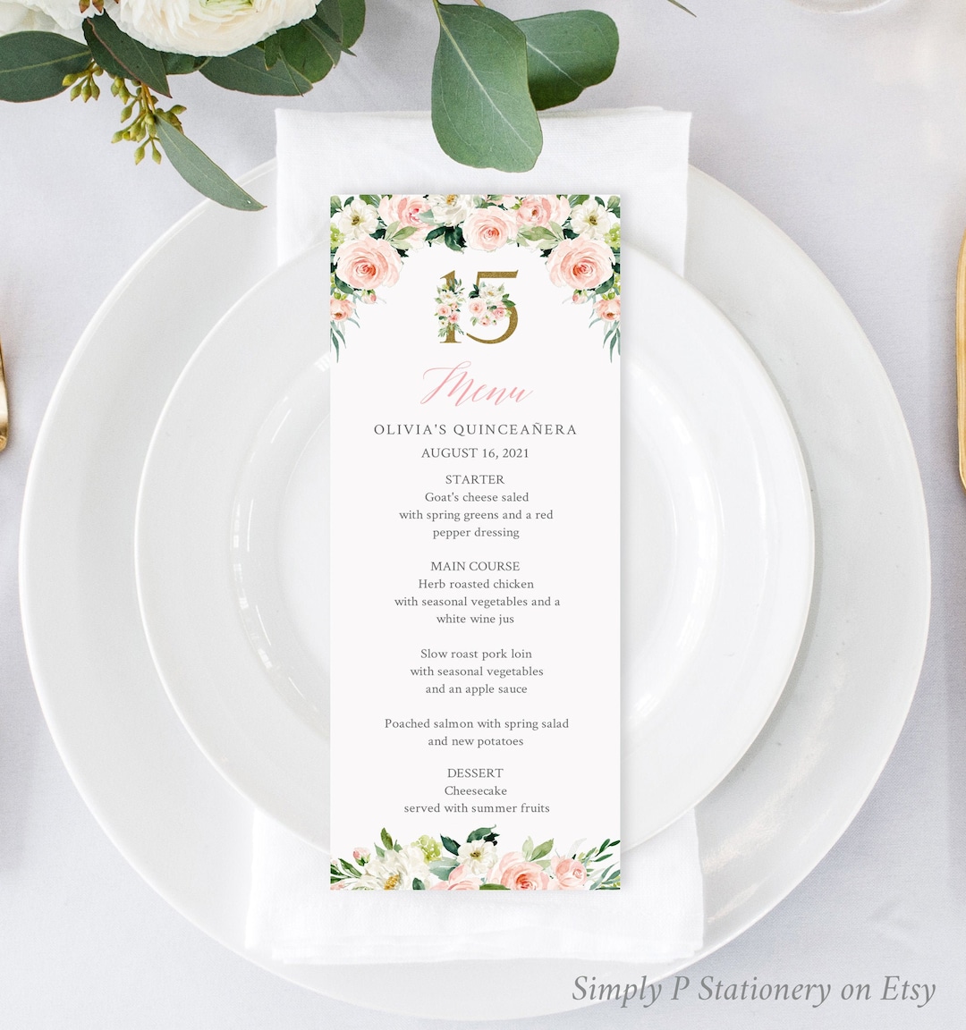 Blush Pink Gold Editable Quinceanera Menu, Floral Party Menu Template ...
